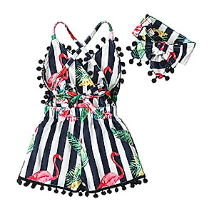 SAPGEJJDJFGE Toddler Baby Girl Clothes Backless Shorts Romper Tassel Jumpsuits Summer Outfit Set with Headband Flamingo 3-4T