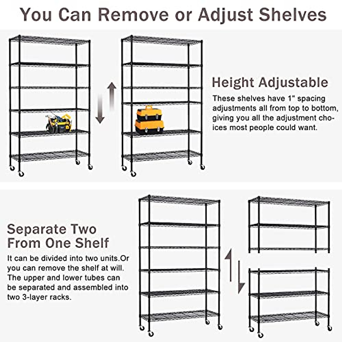 XXkseh 6000Lbs Capacity Storage Shelves Heavy Duty Shelving Unit 6 Tier Metal Shelving NSF Certified with Wheels and Adjustable Feets Commercial Grade Utility Shelf, 48"x 18"x 76" Wire Rack, Black