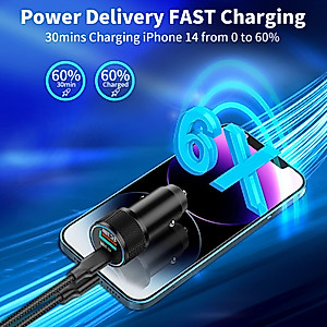 [Apple MFi Certified] iPhone Fast Car Charger, Veetone 48W Dual Port USB C Power Delivery All Metal Car Adapter with 2 Pack Lightning Braided Cable, PD/QC3.0 Car Quick Charging for iPhone/iPad/Airpods