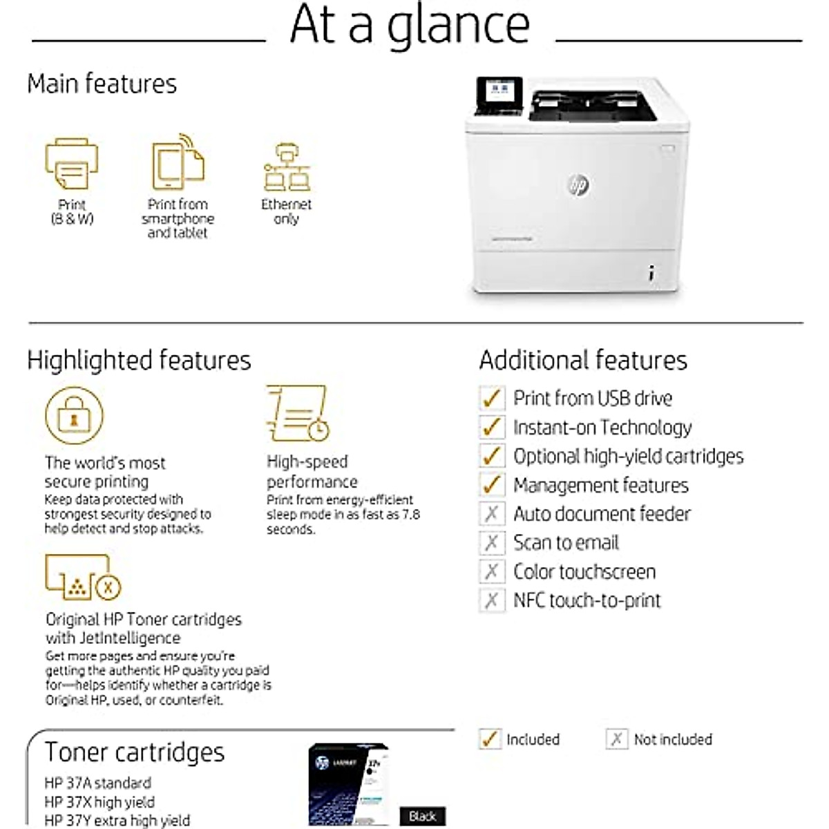 HP Laserjet Enterprise M608n Single-Function Wired Monochrome Laser Printer, White - Print only - 2.7" LCD, 65 ppm, 1200 x 1200 dpi, USB and Ethernet Connectivity, Manual Duplex Printing