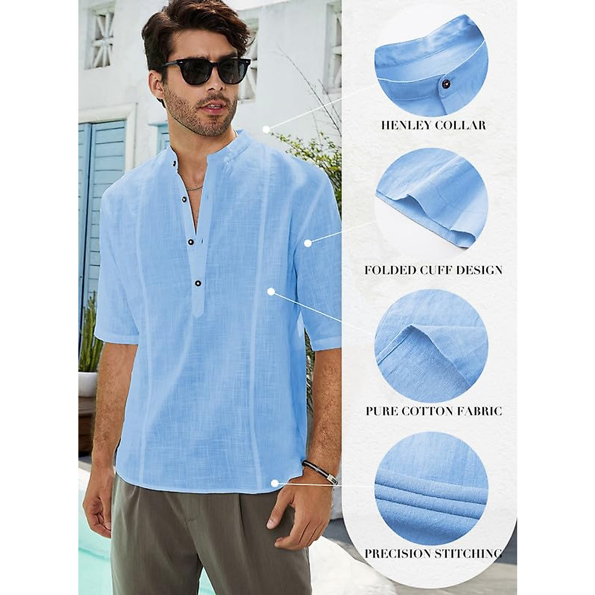 JMIERR Mens Casual Cotton Linen Texture Henley Shirt Short Sleeve Button Down Shirt Summer Beach Tropical Cruise Shirts US 40(M) Sky Blue