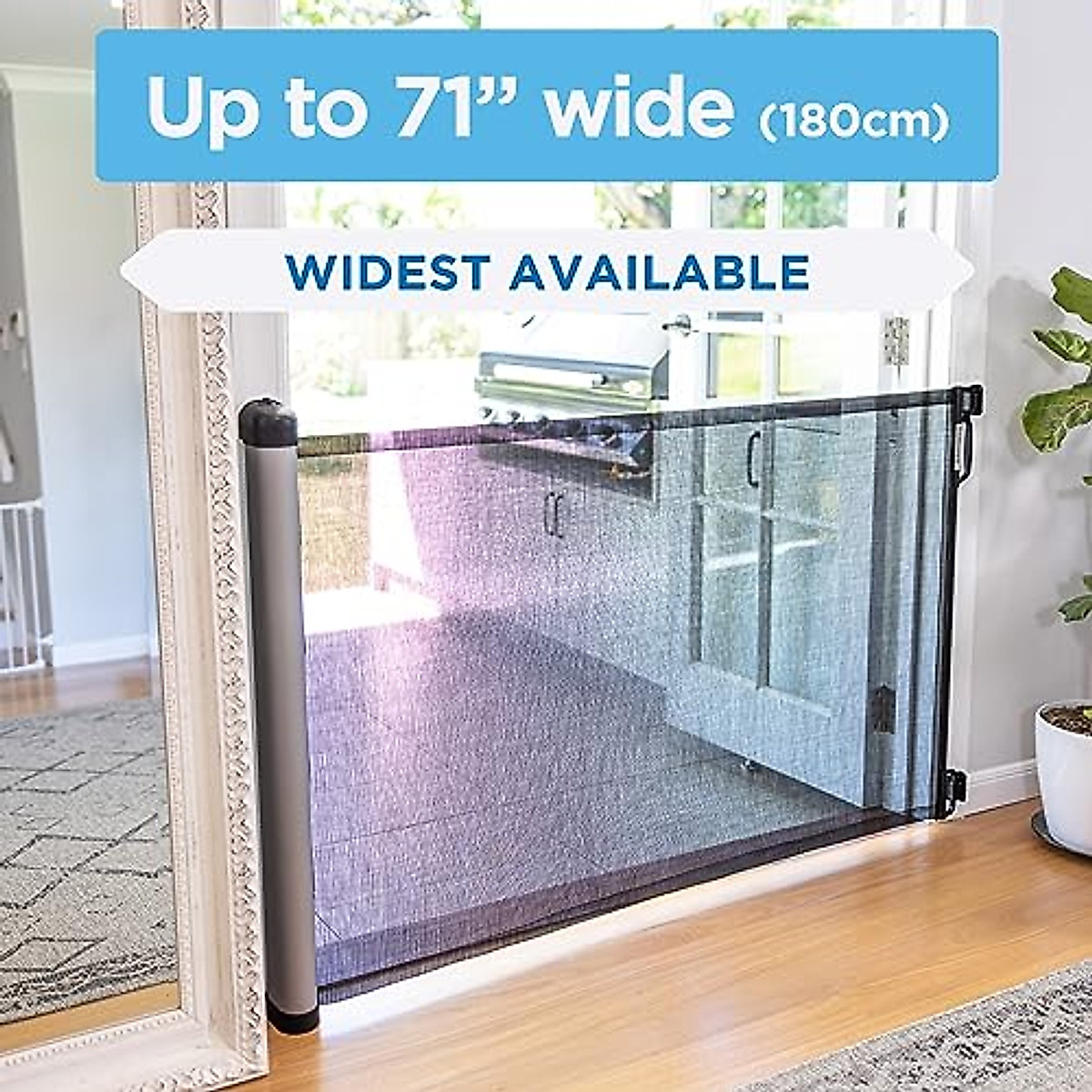 Perma Child Safety Indoor/Outdoor Deluxe Aluminum Retractable Baby Gate 39" Tall Extends to 71" Wide, Black w/Aluminum Casing