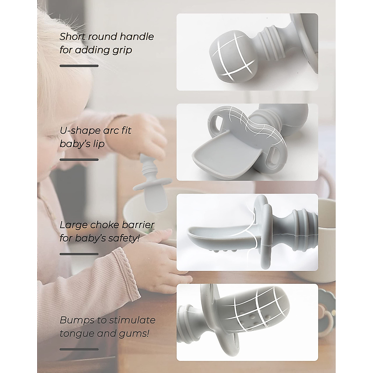 4 Pcs Baby Spoons Self Feeding 6 Months, Silicone Baby Spoons First Stage and Baby Fork, Toddler Utensils for Baby Led Weaning with 2 Cases (Green, Grey)