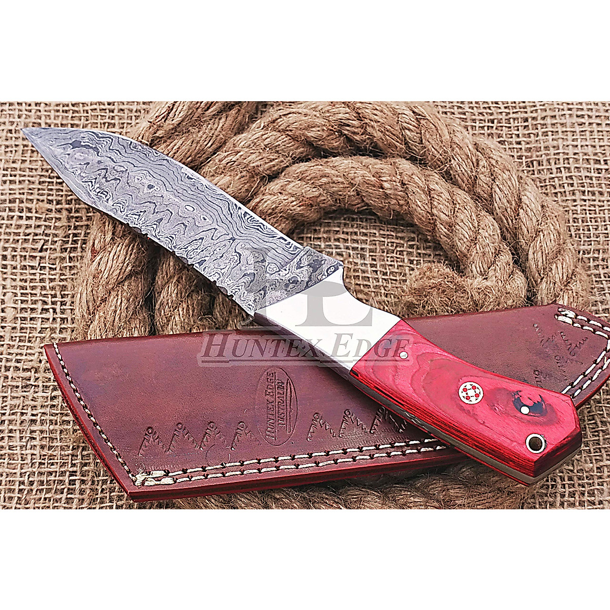 HUNTEX Handmade Hand-Forged Ladder Pattern Damascus Steel 10 Inch Long Full Tang Pakka Wood Handle Razor Sharp Hunting Camping Big Game Hunter Knife w/Genuine Leather Pouch