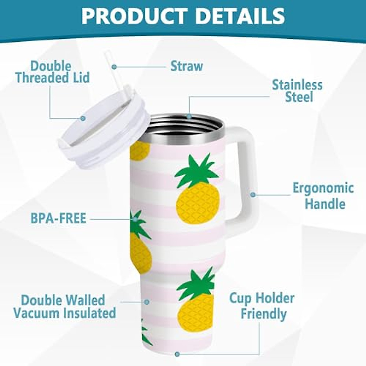 RPLIFE Yellow Pineapples Stripe Pastel Tumbler Cup, Stainless Steel Tumbler, Water Cup with Straw and Lid