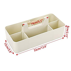 BTSKY Stackable Plastic Portable Storage Organizer Utility Caddy Tote,Divided Craft Storage Organizer Basket Bin with Wooden Handle for Craft, Sewing, Art Supplies, Office Supplies Beige White