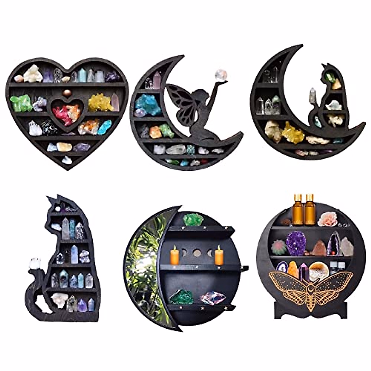 Funny Wooden Shelf in The Moon Fairy Star Heart Decoration 6 Shelves Wooden Model Display Floating Home O8p4