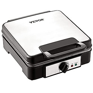 VEVOR Waffle Maker 1200W Square Waffle Iron, Non-Stick Waffle Baker Machine with Five-setting Browning Controls, 4 Slice Belgian Waffle Maker Teflon-Coated Baking Pans Stainless Steel Body, 120V