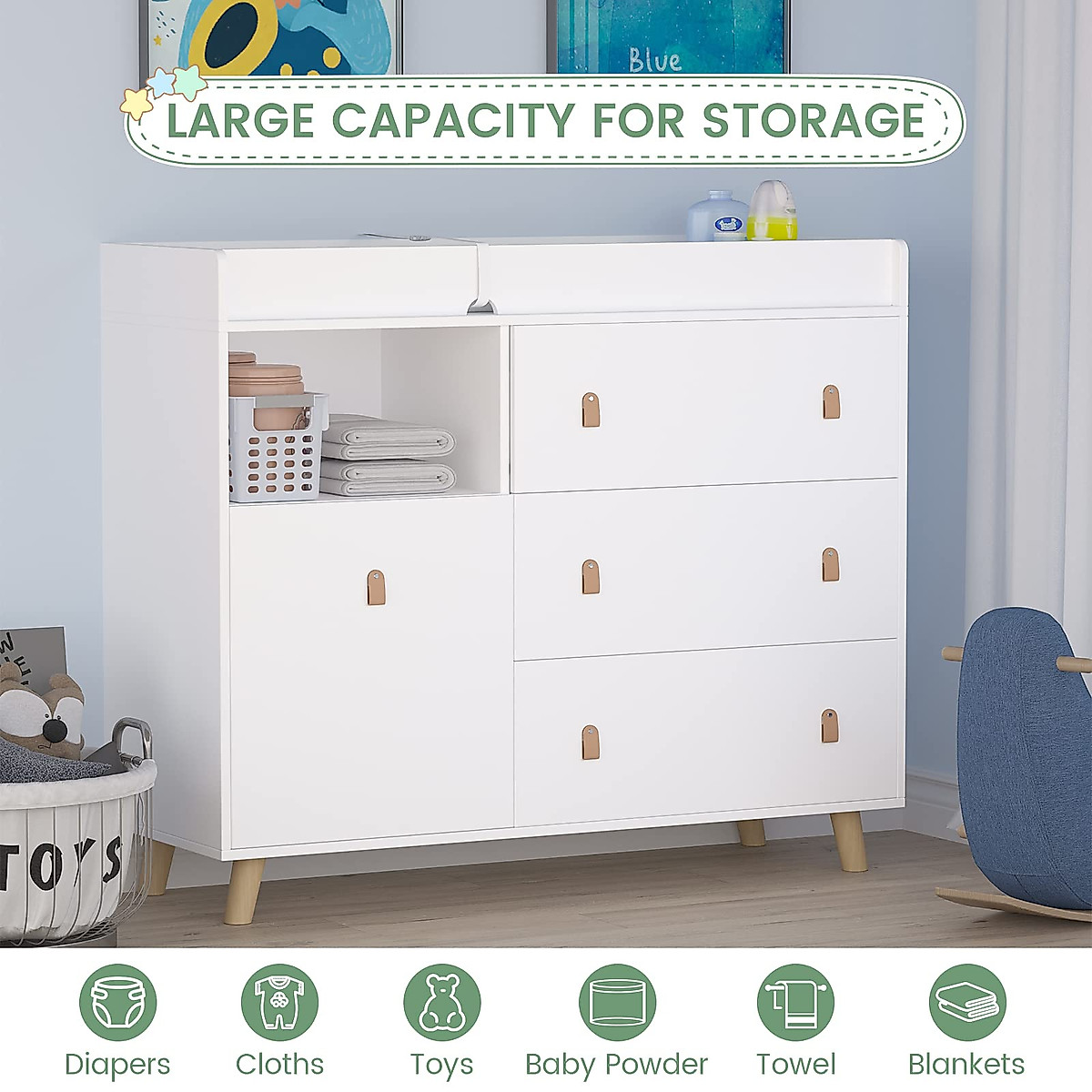 Timechee Baby Changing Table Dresser, Modern Nursery Changing Dresser Chest with 3 Drawers & 1 Shelf, Diaper Changing Pad, Storage Changing Dresser (White)