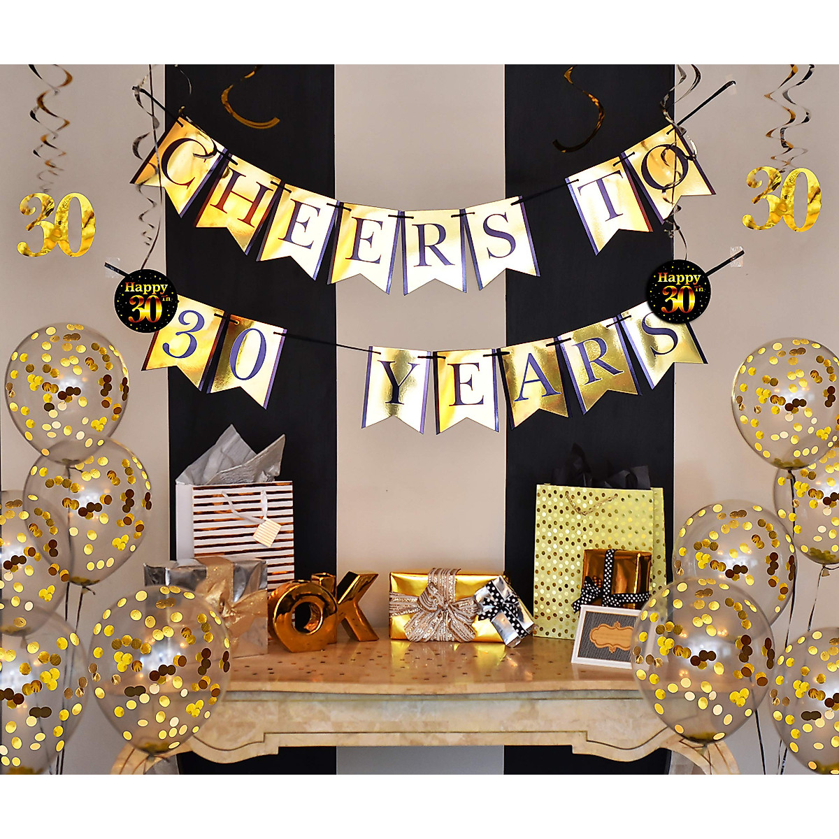 30th Birthday and Anniversary Decorations Party Pack - Cheers to 30 Years Banner, Balloons, Swirls and Confetti Party Supplies