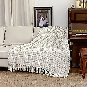 Decorative Woven Ash Blonde White Plaid Throw Blanket, Soft Beige Cross Knitted Chenille Blanket with Tassels for Farmhouse Boho Décor, 50" x 60"
