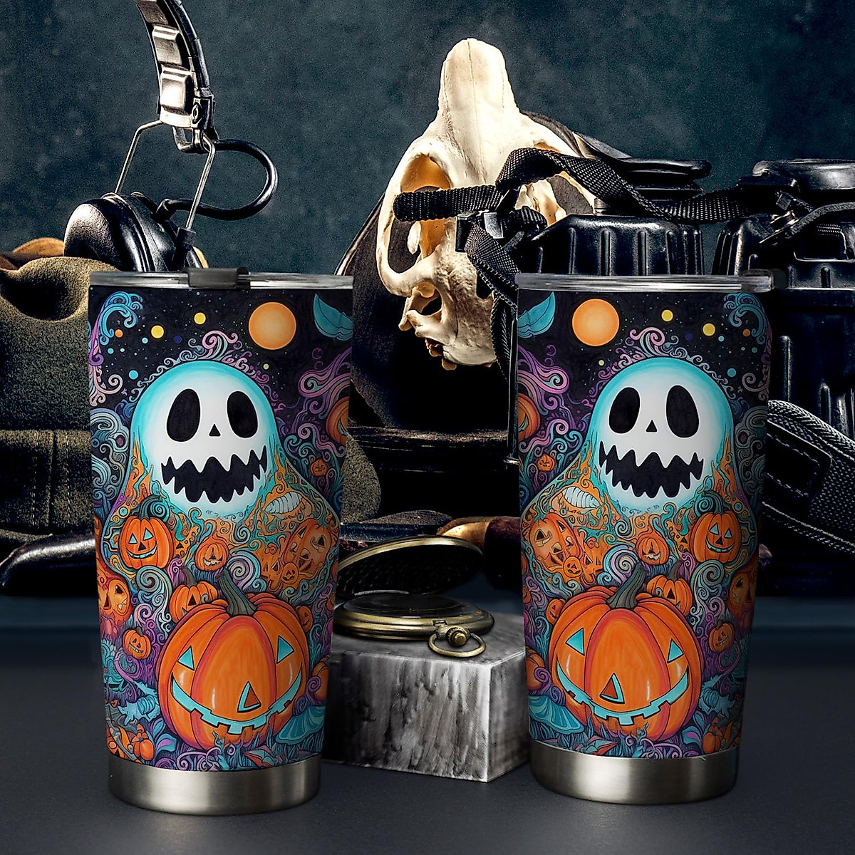 ORCAE 20oz Halloween Pumpkin Ghost Tumbler, Boo Boo Ghost, Trick or Treat, Halloween Gifts, Coffee Thermos, Stainless Steel Double Wall Vacuum Insulated Coffee Mug, Travel Cup with Lid - D