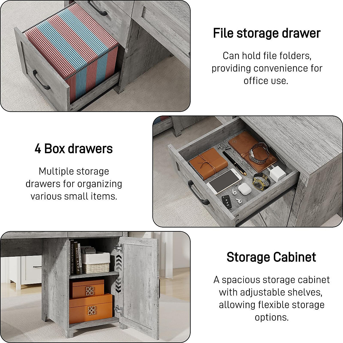 Farmhouse 61'' Executive Desk with 5 Drawers, Rustic Office Desk Computer Desk with Charging Station, File Drawers and Storage Cabinet, Wood Workstation for Home Office and Study, Gray