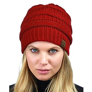 C.C Unisex Chunky Soft Stretch Cable Knit Warm Fuzzy Lined Skully Beanie, Red