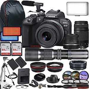 Canon EOS R10 Mirrorless Camera w/RF-S 18-45mm f/4.5-6.3 is STM + EF 75-300mm f/4-5.6 III Lens + 500mm f/8 Focus Lens + 2X 64GB Memory + Case + Microphone + LED Video Light + More (35pc Bundle)