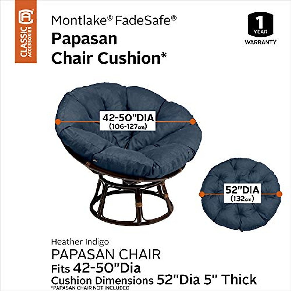 Classic Accessories Montlake Water-Resistant 50 Inch Polyester Papasan Cushion, Heather Indigo, Outdoor Papasan Cushion
