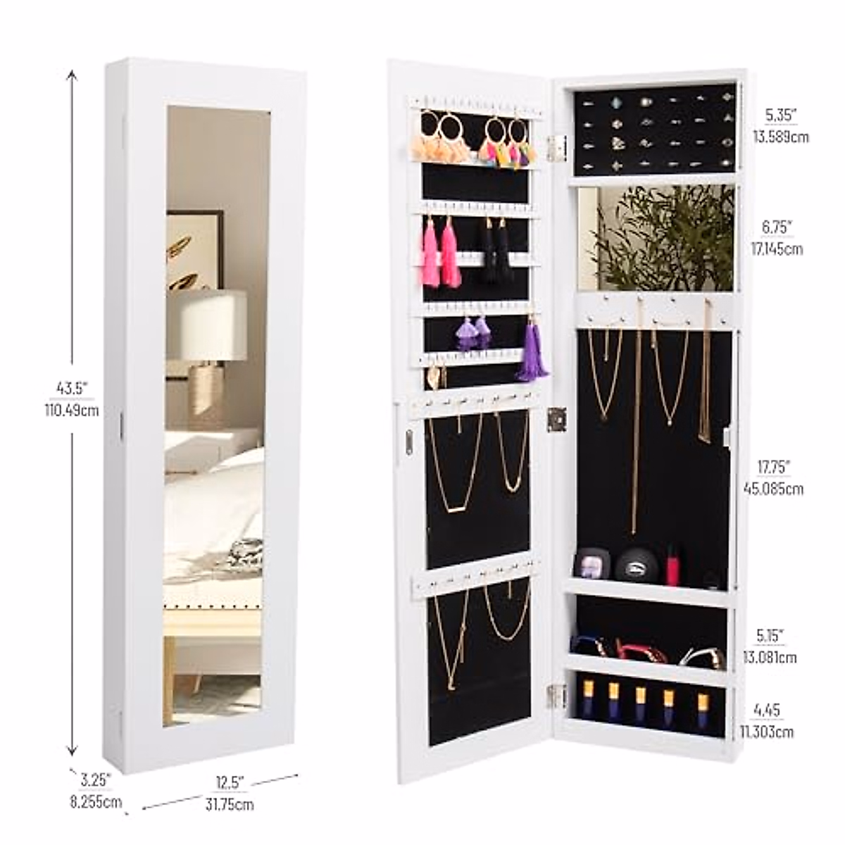Mind Reader Jewelry Organizer, Full Length Mirror, Jewelry Armoire, Storage, Wall Mount, Wood, 12.5" L x 3.5" W x 43.5" H, White