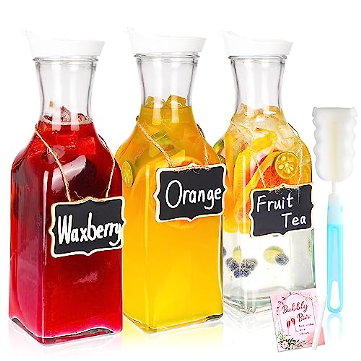CUCUMI 3pcs 50oz Glass Carafe with Lids, 1.5 Liter Glass Water Pitcher Juice Containers Beverage Jugs for Mimosa Bar, Iced Tea, Cold Beverage, Milk