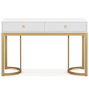 Tribesigns 47 inch White and Gold Computer Desk with 2 Drawers, Modern Simple White Vanity Desks Makeup Table with Heavy Duty Golden Metal Frame Handles for Home Bedroom (Without Mirror)