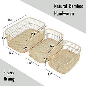 PEMAR Set of 3 Nesting Bamboo Storage Baskets, Decorative Organization Basket, Farmhouse Basket Bins, Rustic Boho Wicker Basket Organiser for Living Room, Bedroom, Pantry Decor