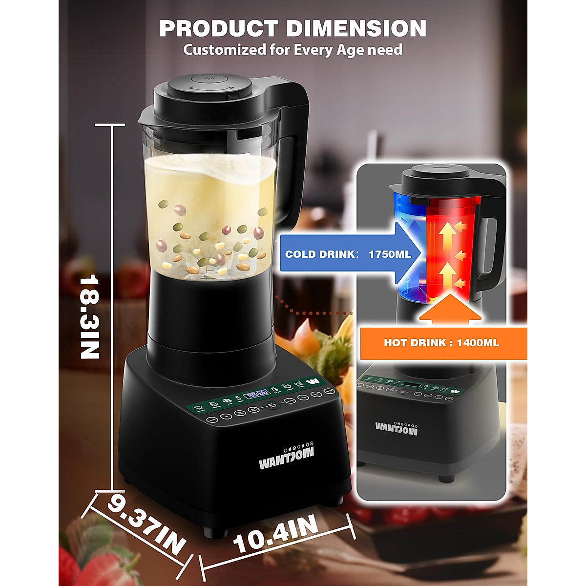 WantJoin 60 Oz Hot & Cold Countertop Cooking Blender, 24000RPM High-Speed Blender with 9 One Touch Programs, Soybean Milk Machine for Nut Butters,Soups,Shakes and Smoothies with 12H Delay Cook