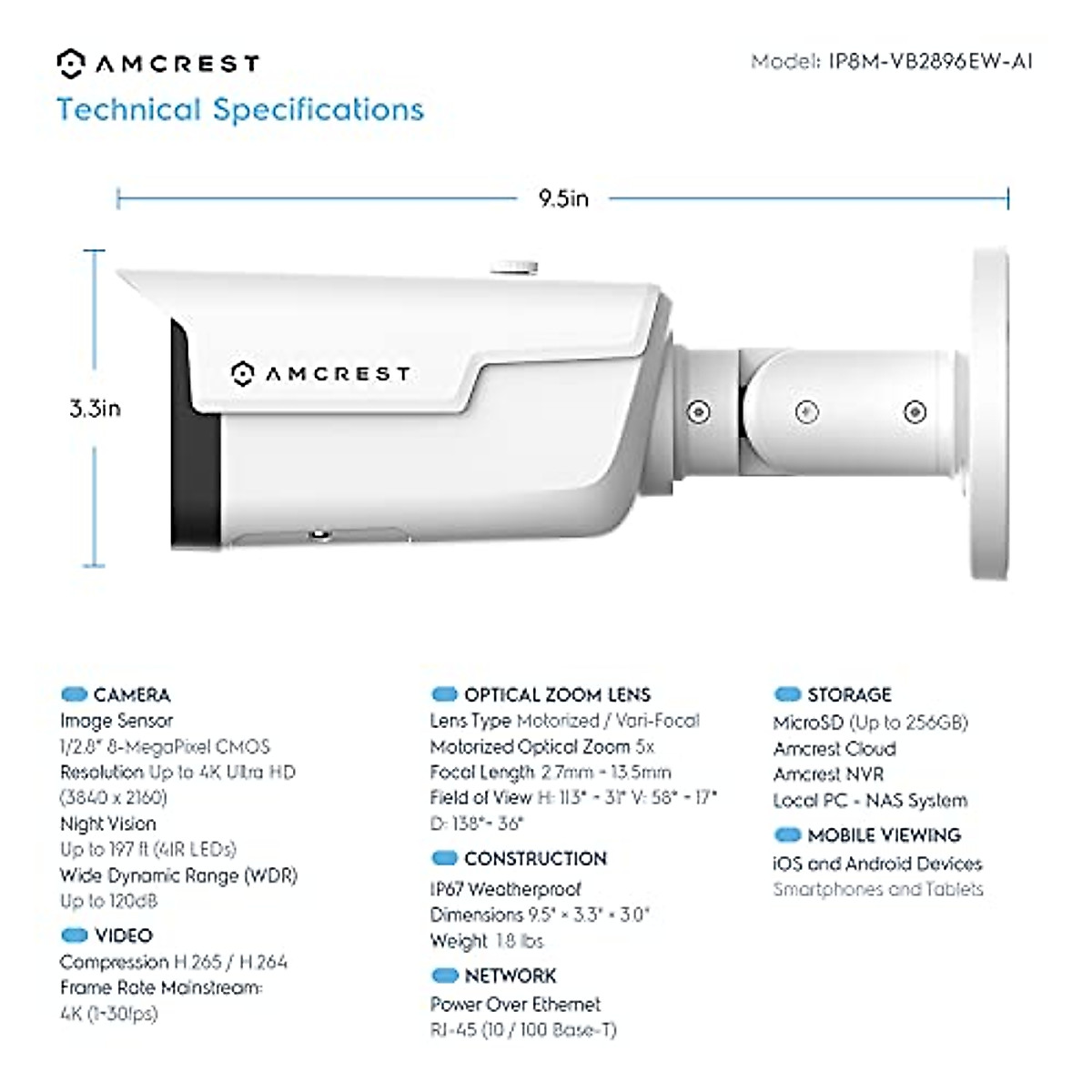 Amcrest 4K Optical Zoom AI IP PoE Camera, Varifocal 8MP Outdoor IP POE Camera Bullet, Face Detection, Human & Vehicle Detection, 2.7mm~13.5mm Lens, IP67, 5X Optical Zoom, (IP8M-VB2896EW-AI)