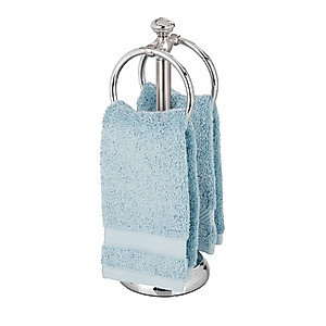 mDesign Steel Towel Rack Holder Stand with 2 Hanging Rings for Bathroom Vanity Countertops - Space Saving Hand Towel Holder - Hyde Collection - Chrome/Brushed