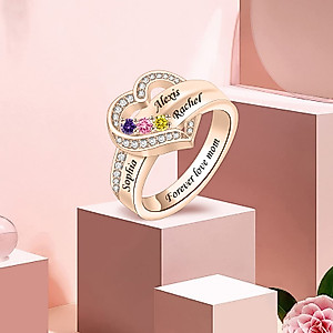 Personalized 1/2/3/4/5/6/7/8 Stones Rings for Her Heart Mother Ring with Simulated Birthstones Custom Mother Daughter Ring Jewelry for Women Engagement Name Promise Ring for Mom Wife Grandmother (3 Name)