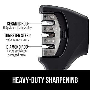 Gorilla Grip Easy to Use Knife Sharpener, 3 Sharpening Options to Help Polish, Sharpen and Repair Kitchen Knives, Restore Dull Blades, Slip Resistant Handle, Professional Chef Quality, Jet Black