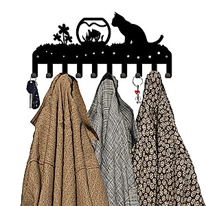 ORIGACH Keys Holder Wall Mounted Big The Cat and Fish Key Hooks for Wall Decorative, Iron Key Rack with 10 Hooks for Front Door Entryway Home and Kitchen, 10 Inches