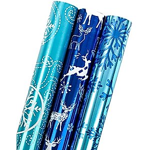MAYPLUSS Christmas Wrapping Paper Roll - Mini Roll - 17 inch X 120 inch Per roll - 3 Different Blue Design with Glitter Metallic Foil Shine (42.3 sq.ft.ttl)
