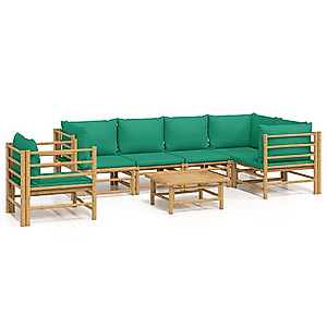 vidaXL 7 Piece Bamboo Patio Lounge Set with Green Cushions - Outdoor Furniture Set with Comfortable Backrest and Armrest, Modular Design