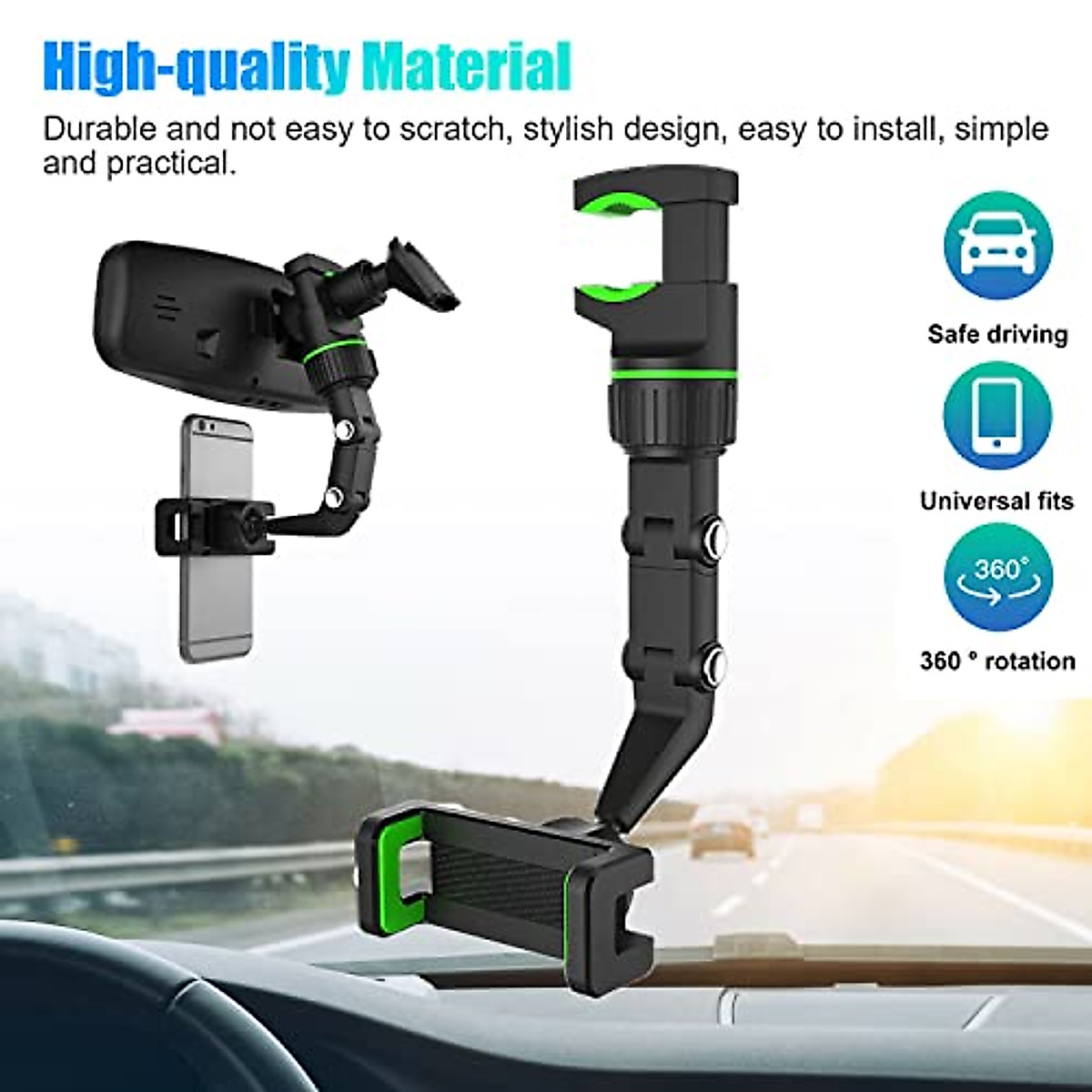 HiYi Car Mount Phone GPS Holder, 1Pc Auto Rearview Mirror Seat Hanging Clip Bracket Cell Phone Stand, Universal Multifunctional 360 Degree Rotatable Mobile Phone Holder (Green)