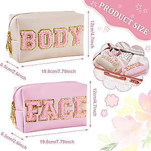 Patelai 2 Pcs Preppy Makeup Bags Chenille Letter Patch Bag Face Skin Hair Stuff Aesthetic Cosmetic Bag Travel Zipper Pouch Makeup Organizer Graduation Gift for Girls(White, Pink, Body, Face)