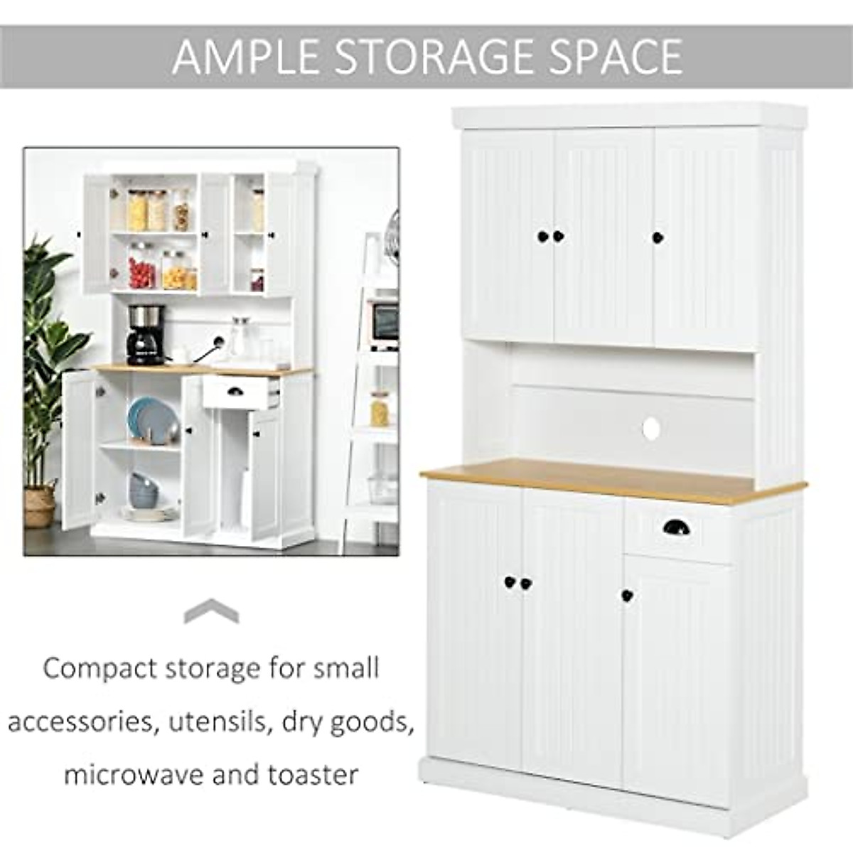 SEASD White Storage Cabinet 71" Kitchen Sideboard Self-Service Kitchen Pantry with Microwave Stand with Drawers