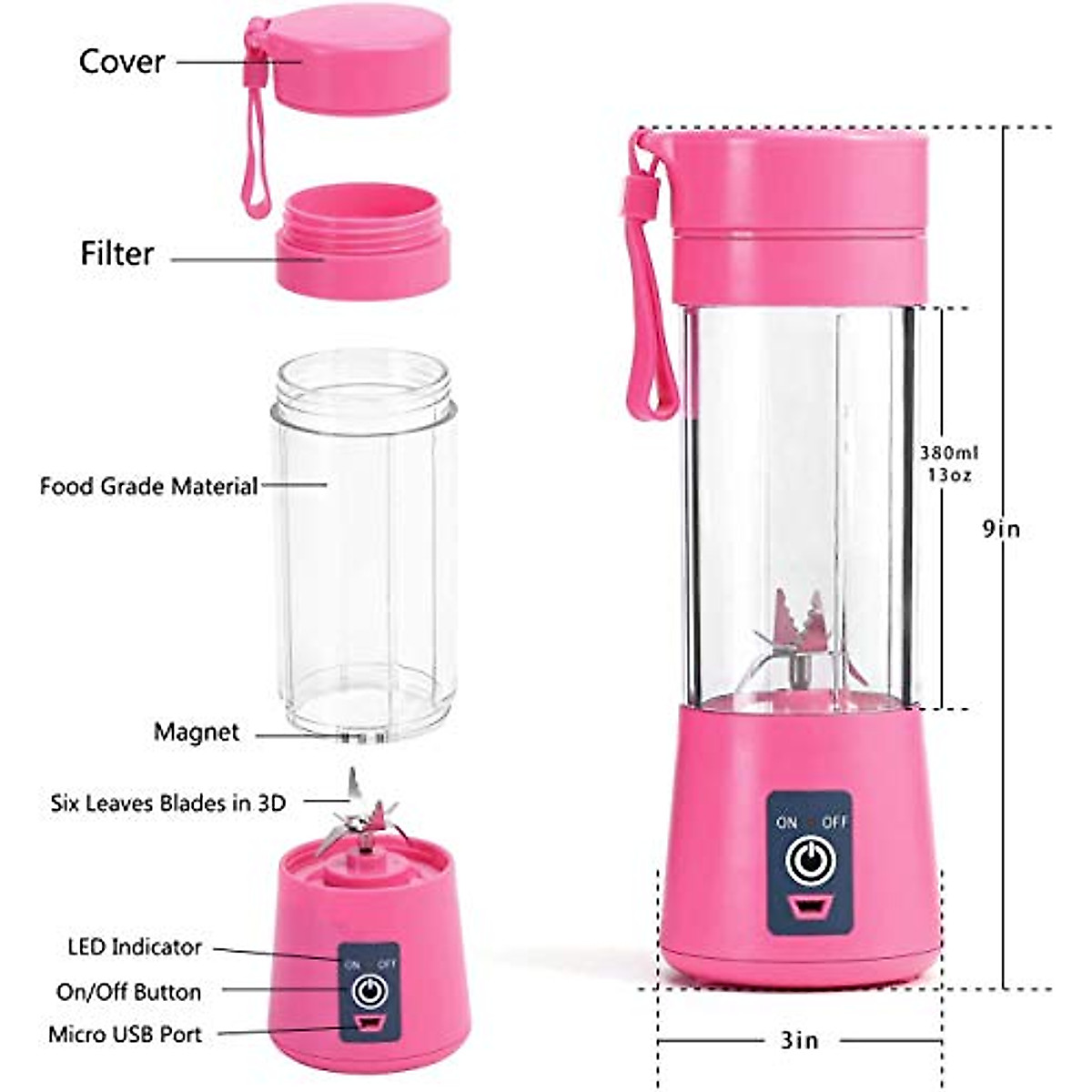 Portable Personal Blender, Household Juicer fruit shake Mixer -Six Blades, BPA Free 380ml Baby cooking machine with USB Charger