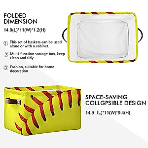 OTVEE Yellow Softball Printed Collapsible Storage Basket with Leather Handles Rectangle Fabric Storage Bin Organizer for Clothes Toy Storage Self Nursery Home Office,1 Piece