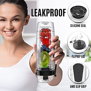 Zulay (34oz Capacity) Fruit Infuser Water Bottle with Sleeve - Anti-Slip Grip & Flip Top Lid Infused Water Bottles for Women & Men - Water Infusion Bottle - Onyx Black