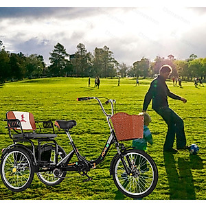 Adult Tricycle Folding Bicycle Comfortable seat 3 Wheel Bicycle Rear Enlarged Vegetable Basket Double Chain 20inch Shock Absorber Front Fork for Parents and Children Maximum Load 440lbs (Black)