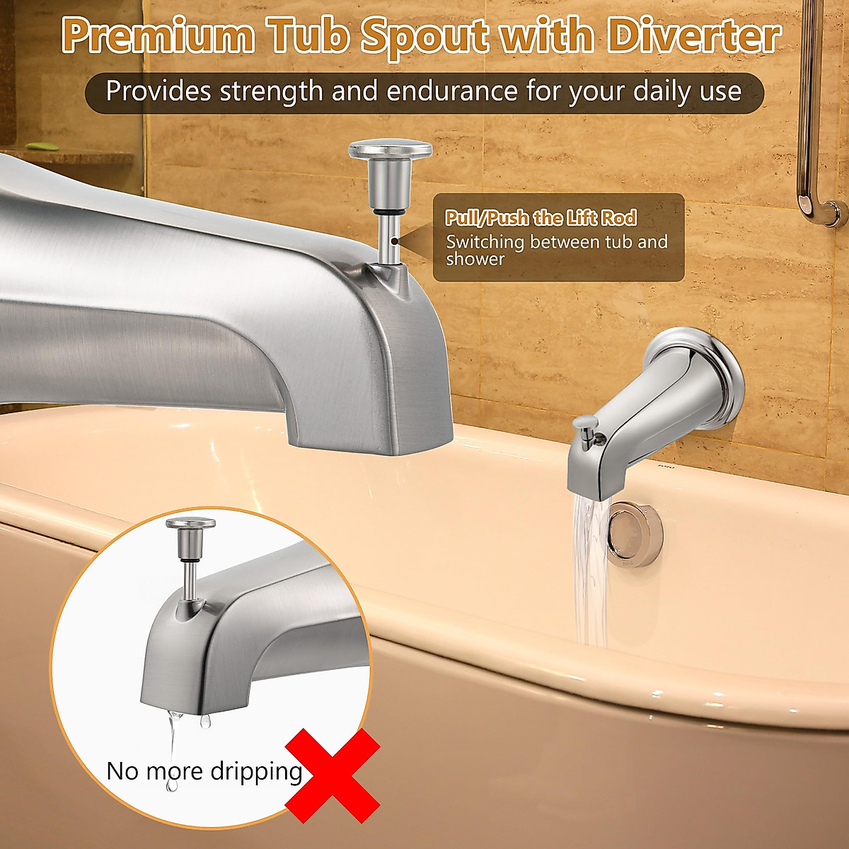 Dreyoo Tub Spout with Diverter, Tub Spout (Universal Fits 1/2" Copper Pipe, 1/2" IPS and 3/4" IPS), Bathroom Bathtub Faucet with Adapters and Hex Wrench(Brushed Nickel,Simple)