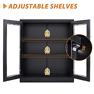 Anxxsu Metal Storage Cabinet with Glass Door, Locking Display Storage Cabinet with 2 Glass Doors and 2 Adjustable Shelves for Home, Office, Bedroom Storage (Black)