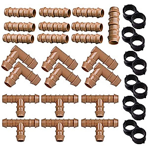 Arfun 28P Drip Irrigation Fittings Kit (17mm) for 1/2" Tubing (.600" ID), 10 Couplings, 6 Tees, 6 Elbows and 6 Tubing End Closure - Barded Connectors for Drip or Sprinkler Systems(28 Pieces Set)