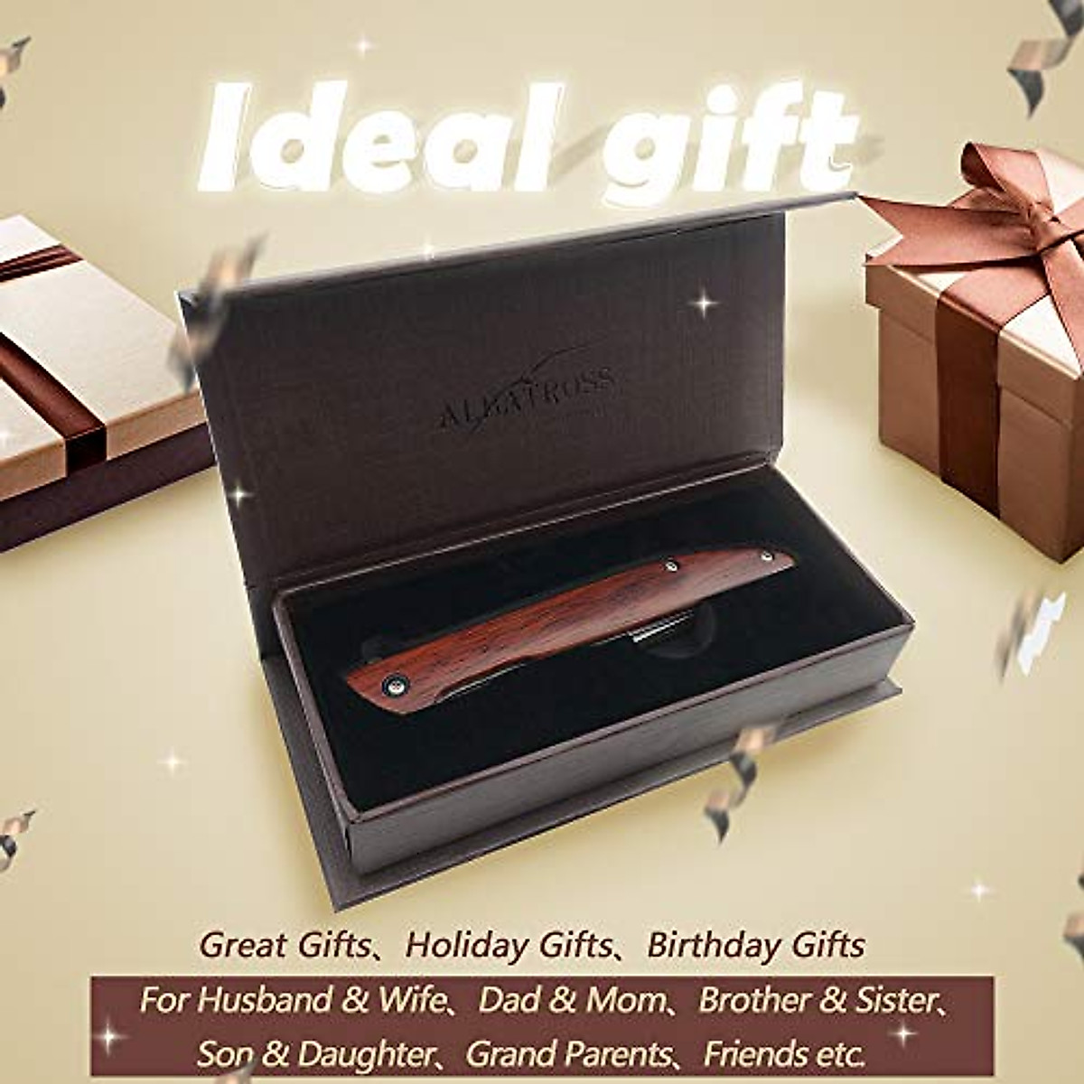 ALBATROSS EDC Thin VG10 Damascus Camping Folding Pocket Knife; 3.5" Damascus Blade, 4.5" Yellow Sandalwood Handle,Gifts Box/Collections (HGDK025)