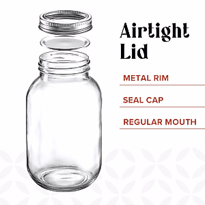 [6 Pack] 32 oz. Regular-Mouth Glass Mason Jars - with Metal Airtight Lids and Bands 1 quart Large for Canning, Preserving, & Meal Prep