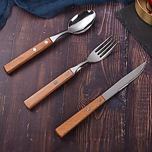 Lnrkai Cutlery Sets of 6, Dinner Spoons, Knife and Fork Set, Stainless Steel with Wooden Wide Handles, Flatware Set Tableware Dinnerware, Service for 2 Adult