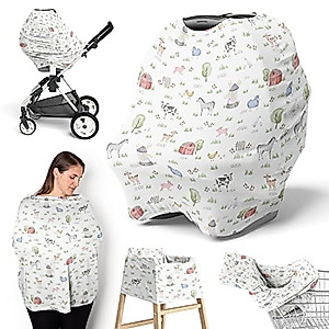 Sweet Jojo Designs Farm Animals Boy Girl Infant Baby Car Seat Cover Nursing Breastfeeding Shopping Cart Stroller Canopy Grey Red Black and White Gender Netural Watercolor Farmhouse Green Barn Horse