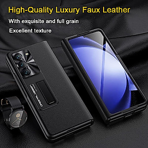 ioiFour Case for Samsung Galaxy Z Fold 5 with Kickstand and Hinge Protection, Built-in Front Screen Protector, Artificial Leather Elegant Business Scratch-Resistant Hard Case (Black PU)
