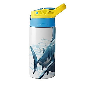 Stainless Steel Water Bottles Blue Shark Travel Water Cups with Handle And Silicone Straw Drinking Cup with Leak Proof Lid Thermo Travel Mug for Women Men