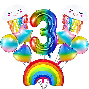 Number Balloon 3 Rainbow Balloons Large Cloud Foil Mylar Balloons Pastel Rainbow Party Decorations for Kids Girls Boys 4th Party Supplies Decor Colorful Gradient Stars Heart Balloons