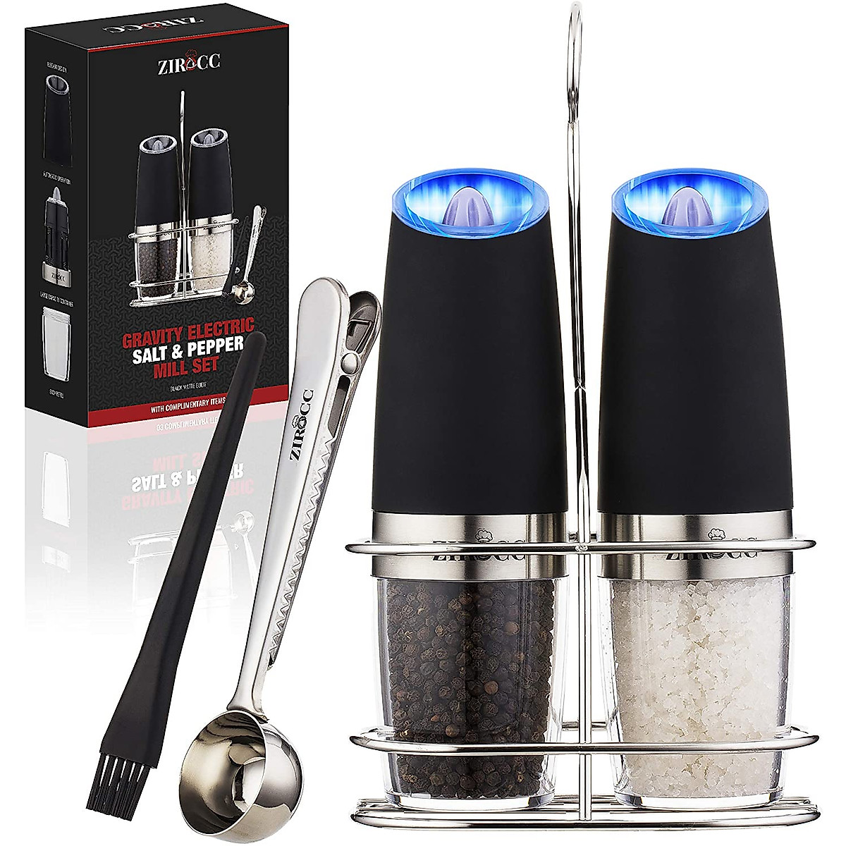 (2 Pack) Gravity Electric Salt and Pepper Grinder Set Battery Operated One Hand Automatic Operation, Adjustable Coarseness Mill Grinders Shakers LED Light, Kitchen Gadgets Gifts-Black